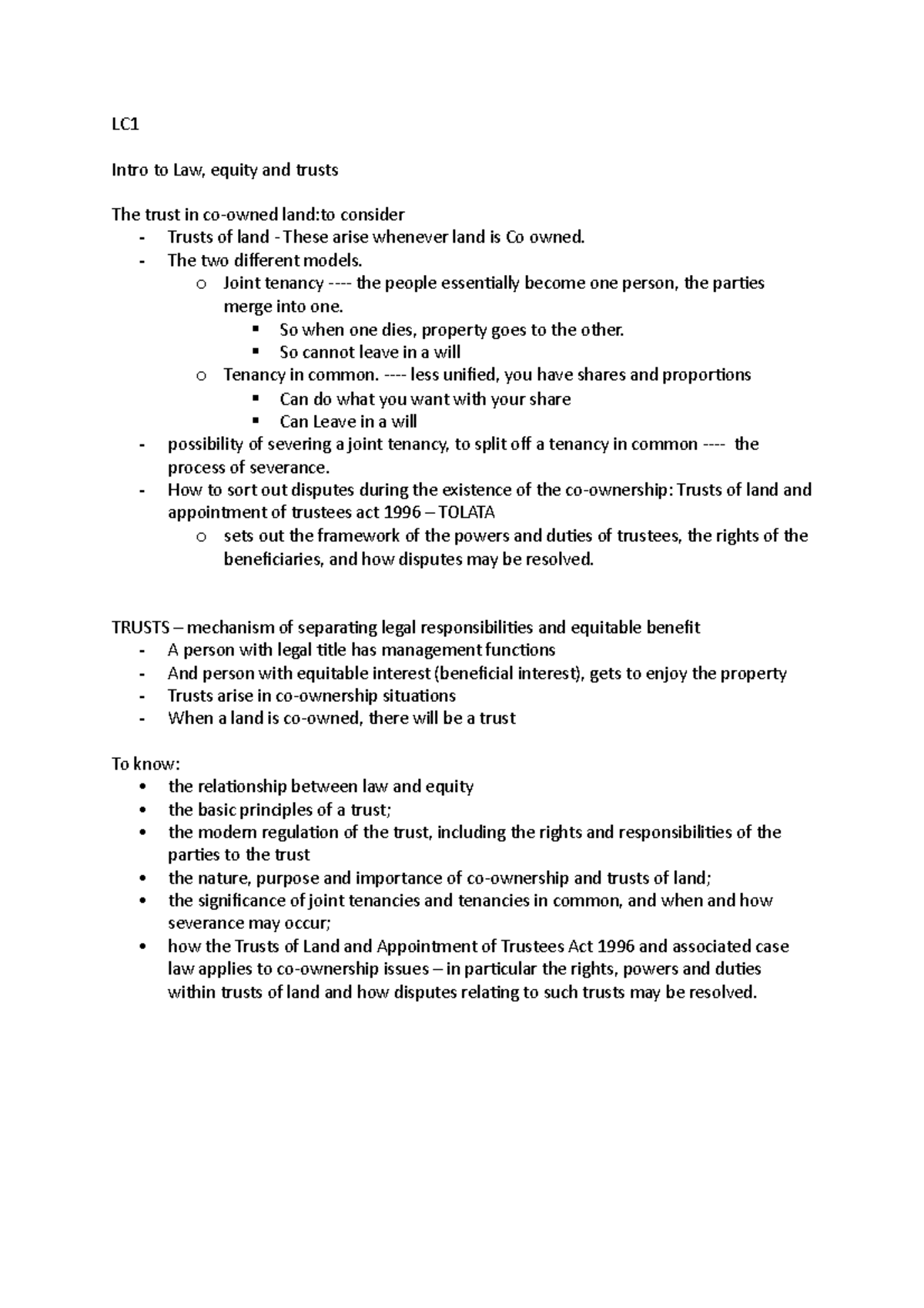 LC1 Seminar Prep - LC Intro to Law, equity and trusts The trust in co ...