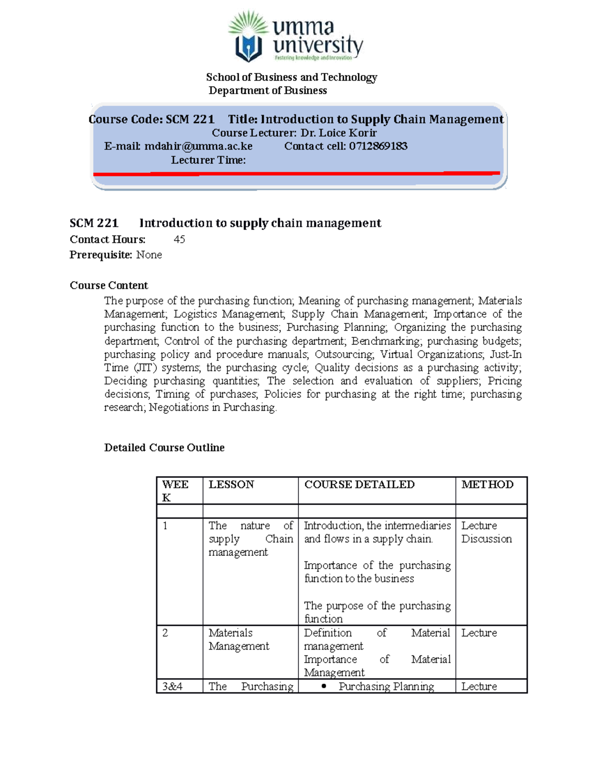 Introduction to supply chain course outline - School of Business and ...