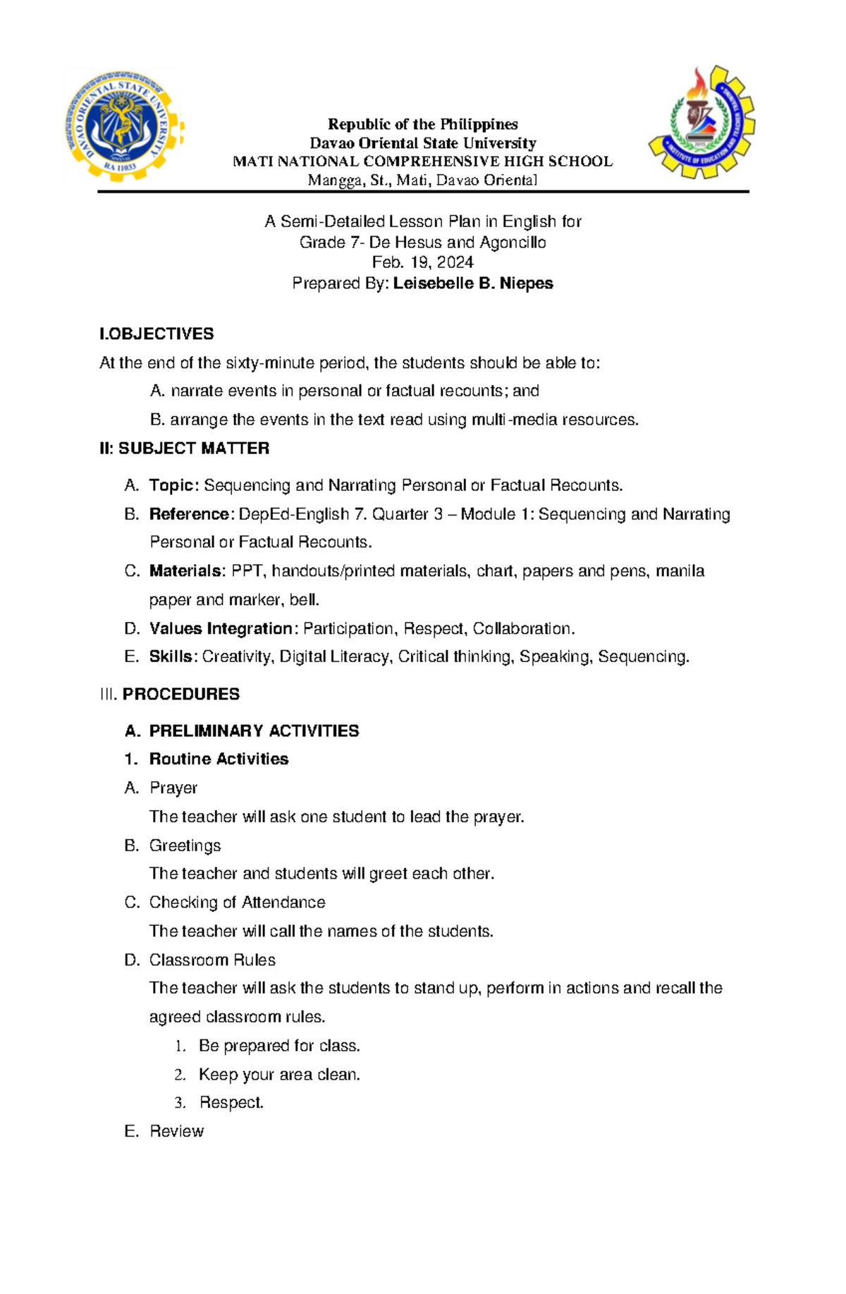 DepEd-English 7. Quarter 3 – Module 1 2E2A Lesson Plan - Republic of ...