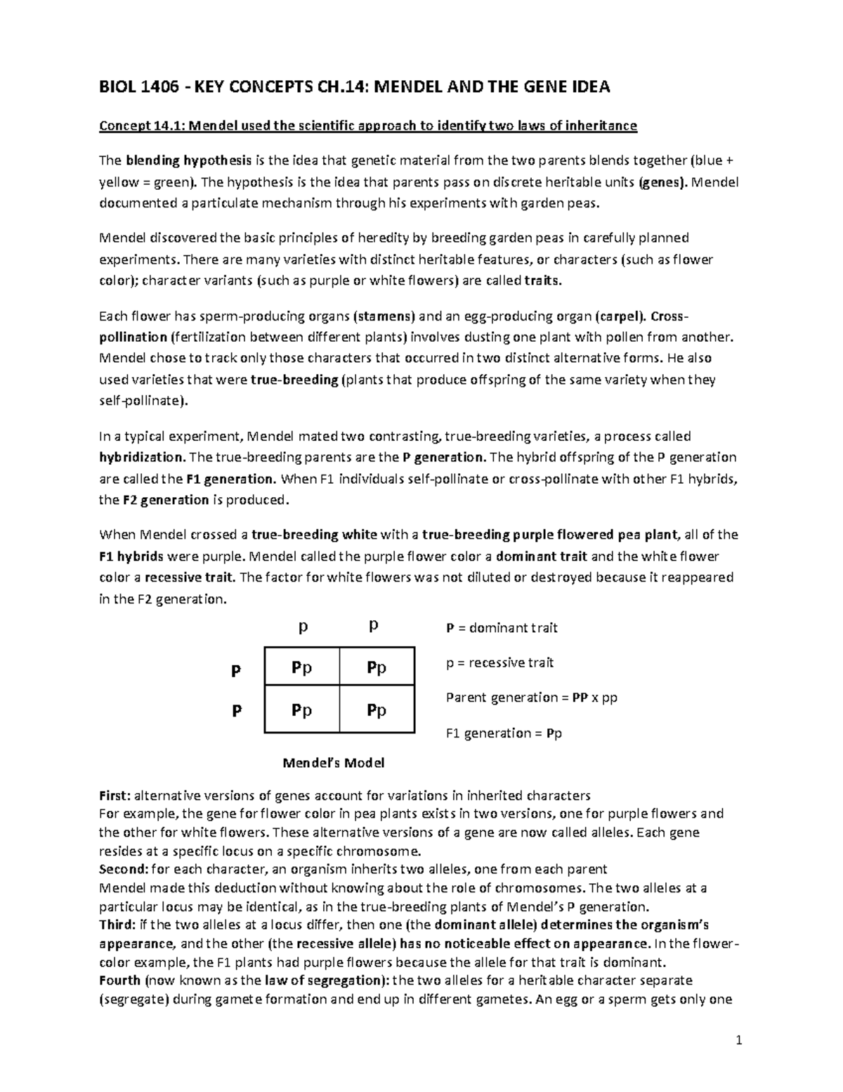 BIOL 1406 Ch14 - MENDEL AND THE GENE IDEA Key Concepts chapter 14 - 1 ...