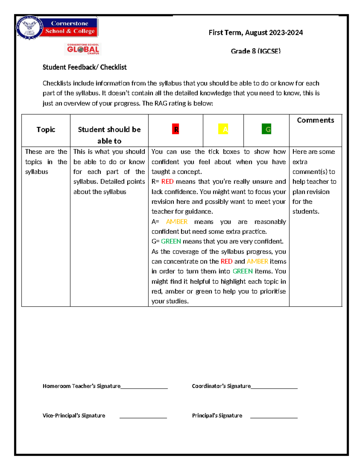 Learner Checkilist-CSS Global - Student Feedback/ Checklist Checklists ...