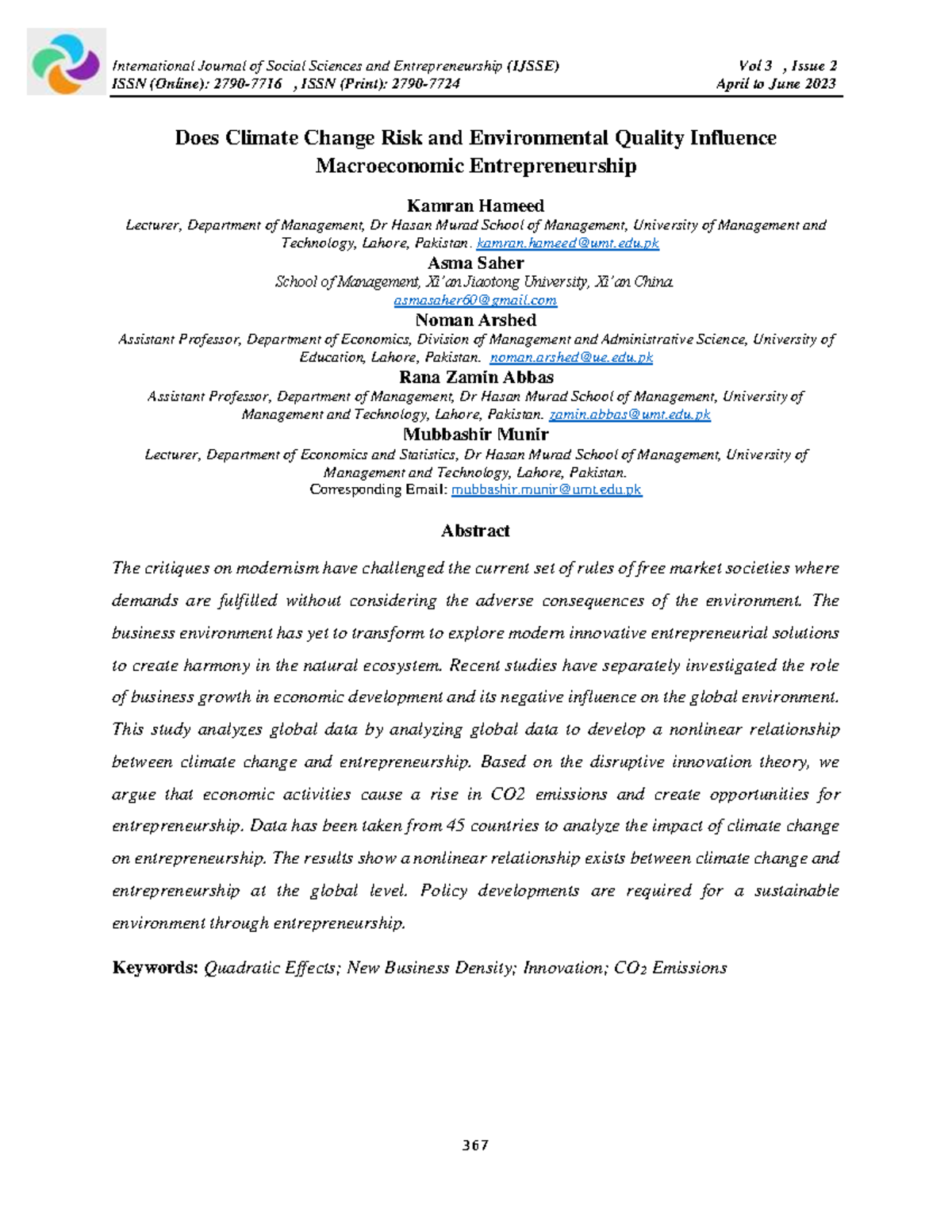 Does Climate Change Risk and Environment - kamran@umt.edu Asma Saher ...