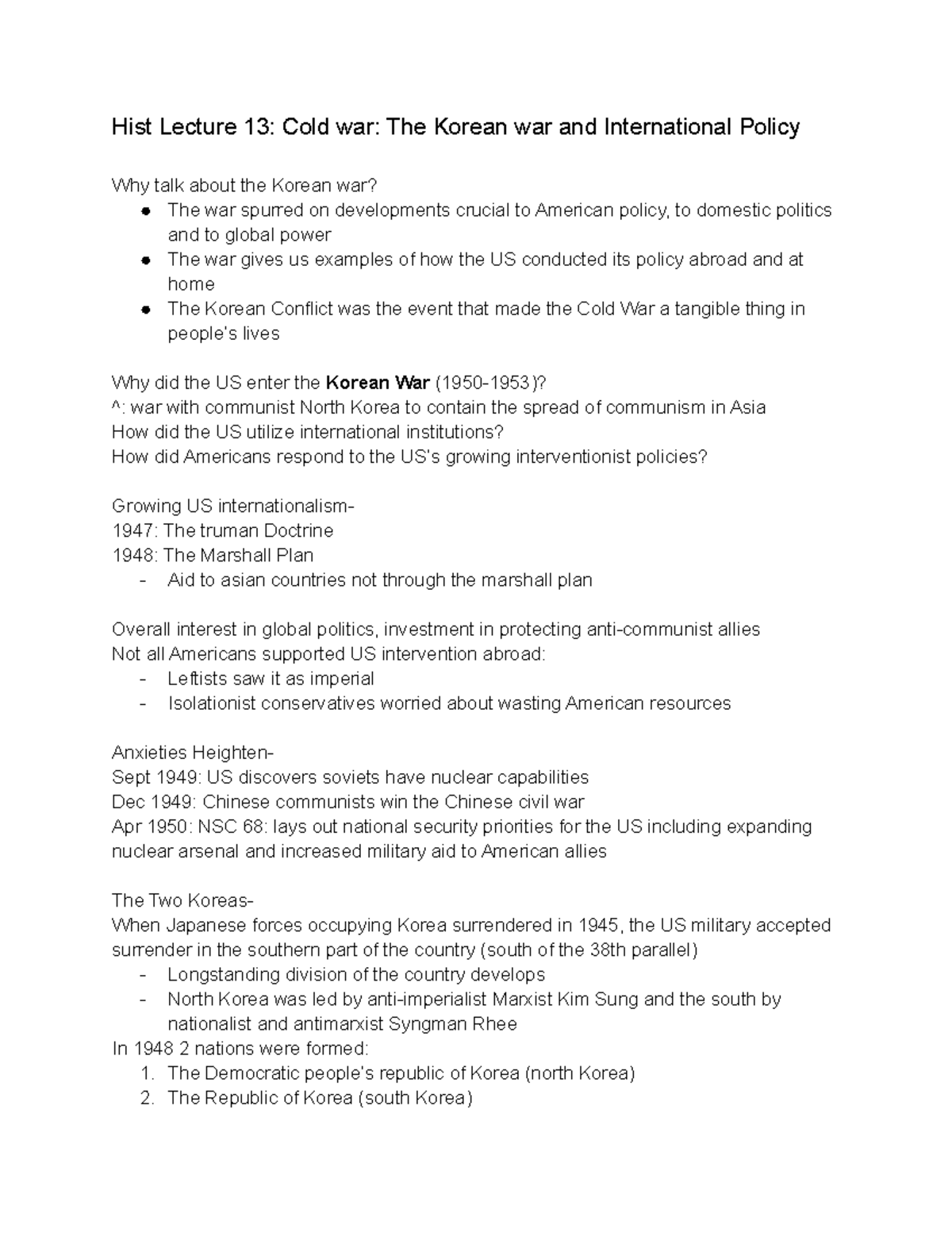 Hist 104 Lecture 13: Cold war, The Korean war and International Policy ...