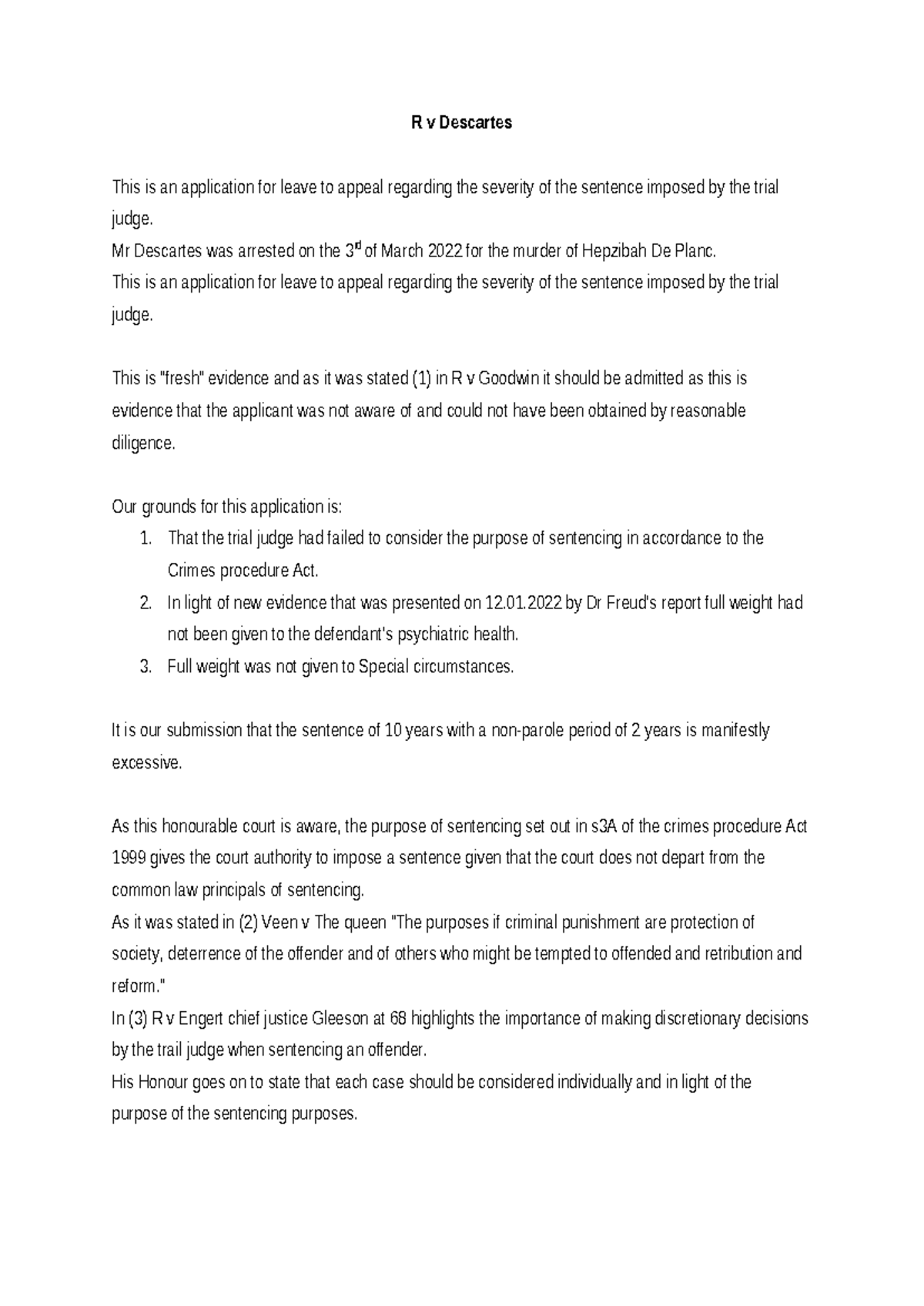 Appeal Example Case - R v Descartes This is an application for leave to ...