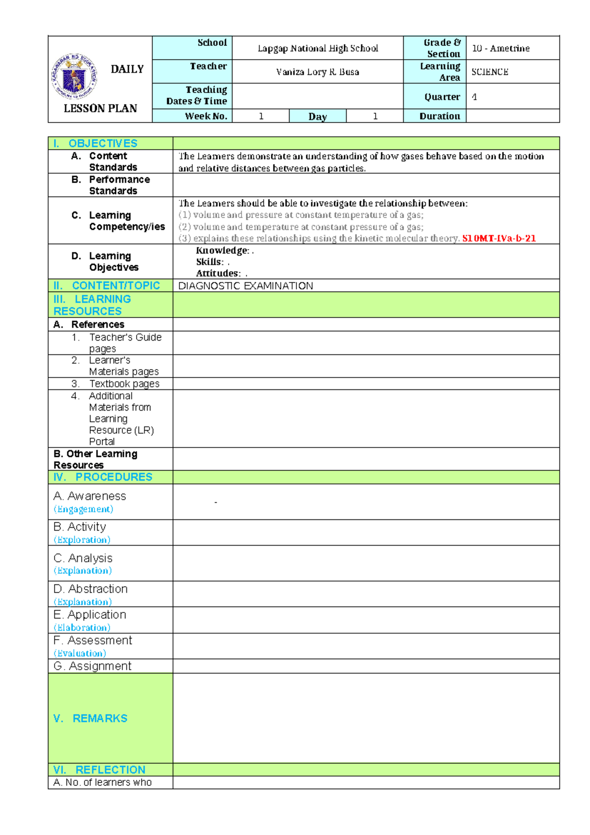 Science 10 DLP Q4W1D1 RBM - DAILY LESSON PLAN School Lapgap National ...