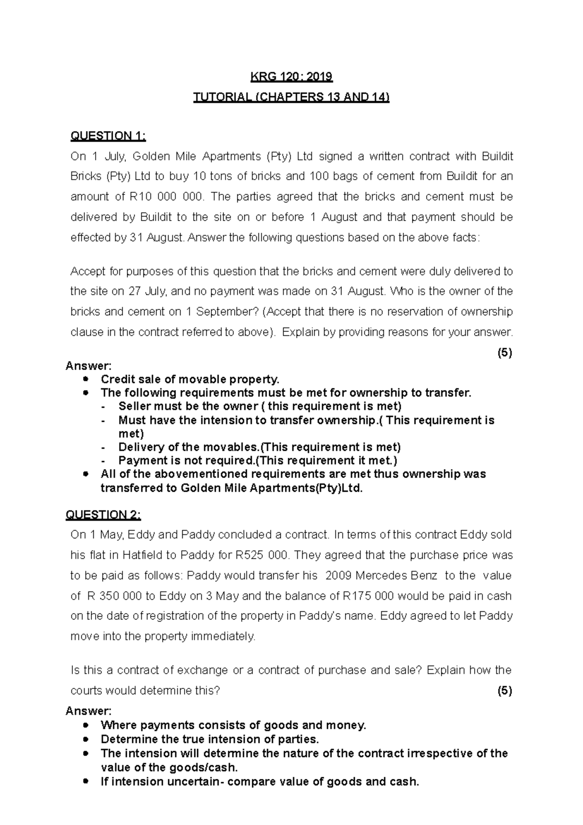Tutorial Chapter 13 and 14 Tut 5 - KRG 120: 2019 TUTORIAL (CHAPTERS 13 ...