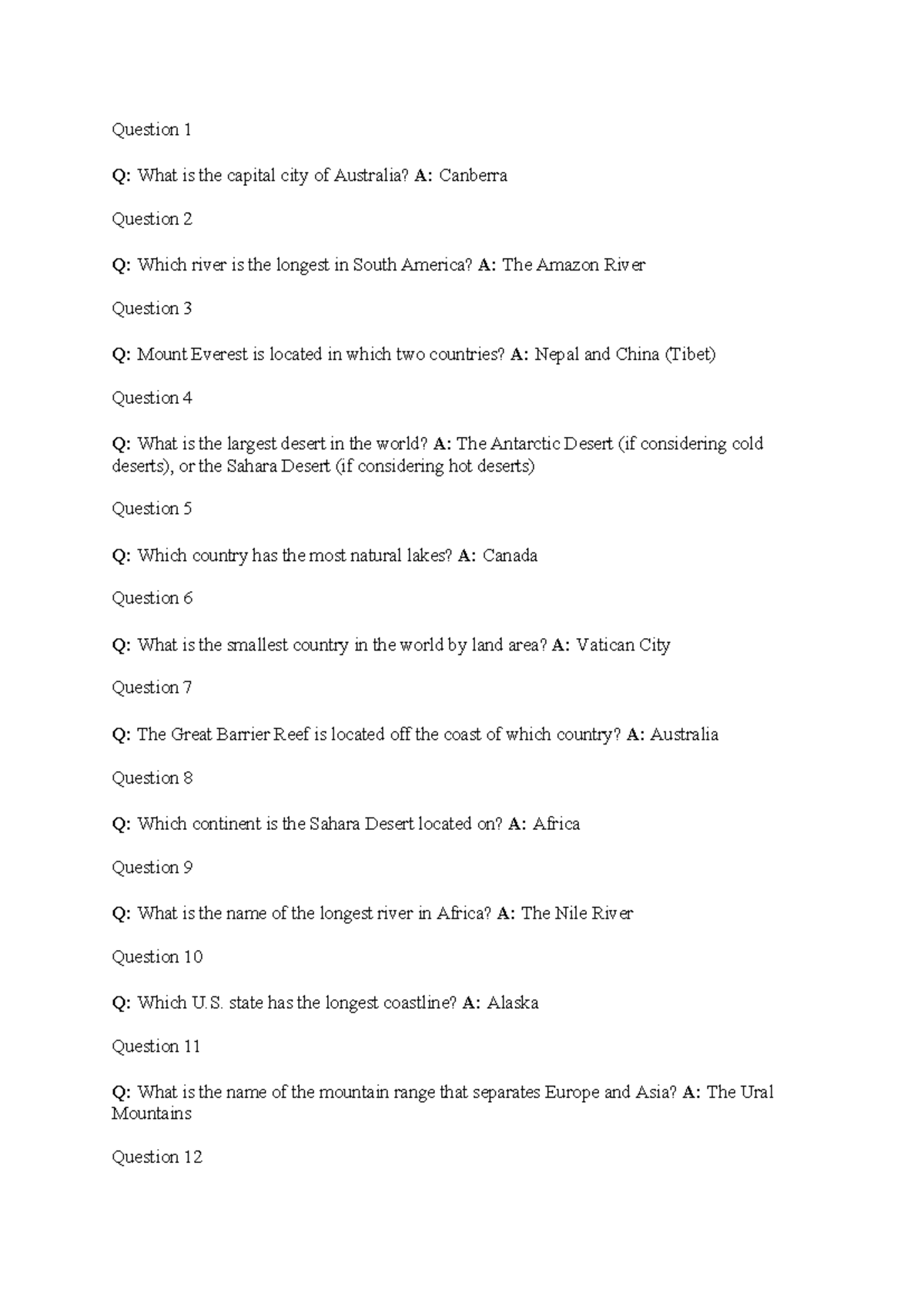 Geography Quiz Questions and Answers - Question 1 Q: What is the ...