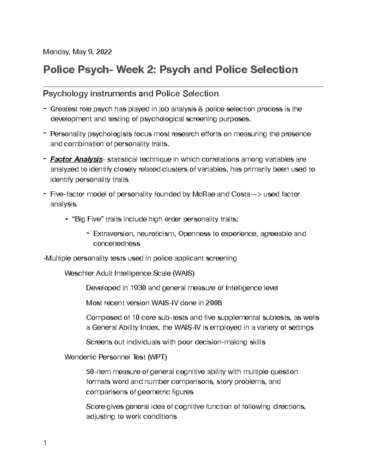 PD200 Week2 Copy - Monday, May 9, 2022 Police Psych- Week 2: Psych and ...