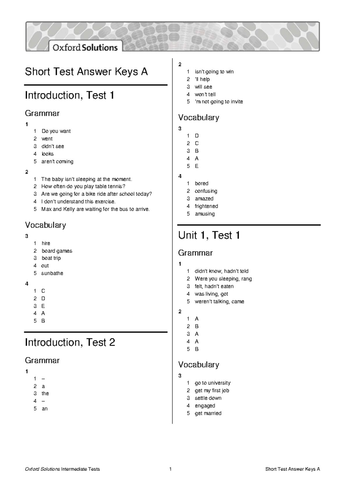 Oxford Solutions Intermediate Short Test Answer Key a 1 - Short Test ...