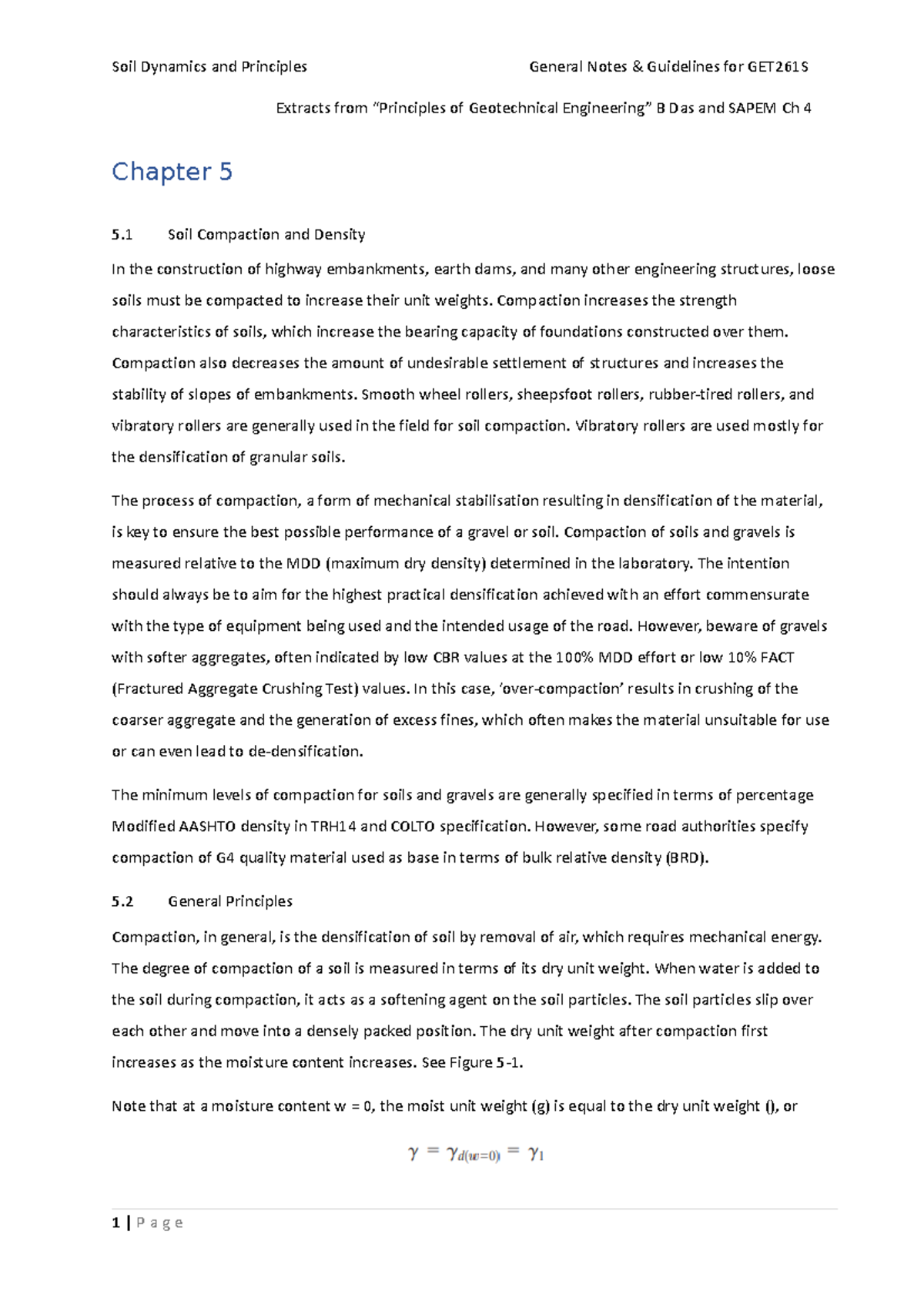 Chapter 5 Compaction and Soil Density - Extracts from “Principles of Geotechnical Engineering” B ...
