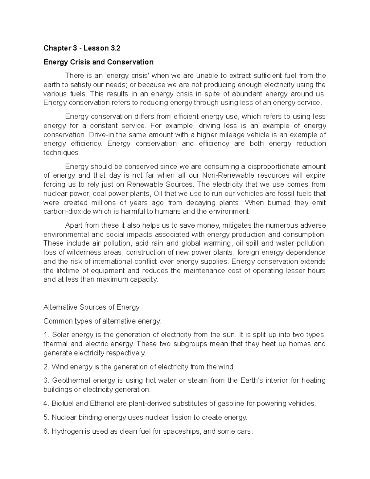 Lesson 3.2 Energy Crisis and Conservation - Chapter 3 - Lesson 3 ...
