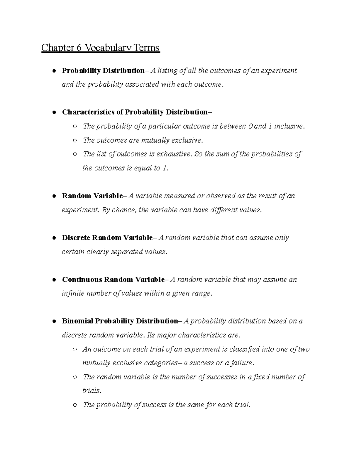Chapter 6 Vocabulary Terms - Chapter 6 Vocabulary Terms Probability ...