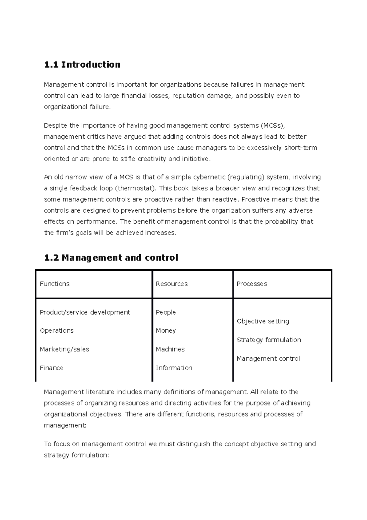 Samenvatting Management Control systems - 1 Introduction Management ...
