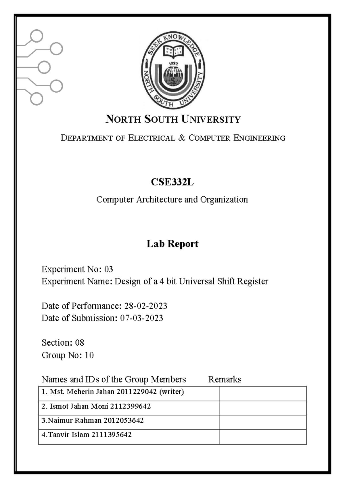Cover-Page - Cover page - NORTH SOUTH UNIVERSITY DEPARTMENT OF ELECTRICAL & COMPUTER ENGINEERING ...