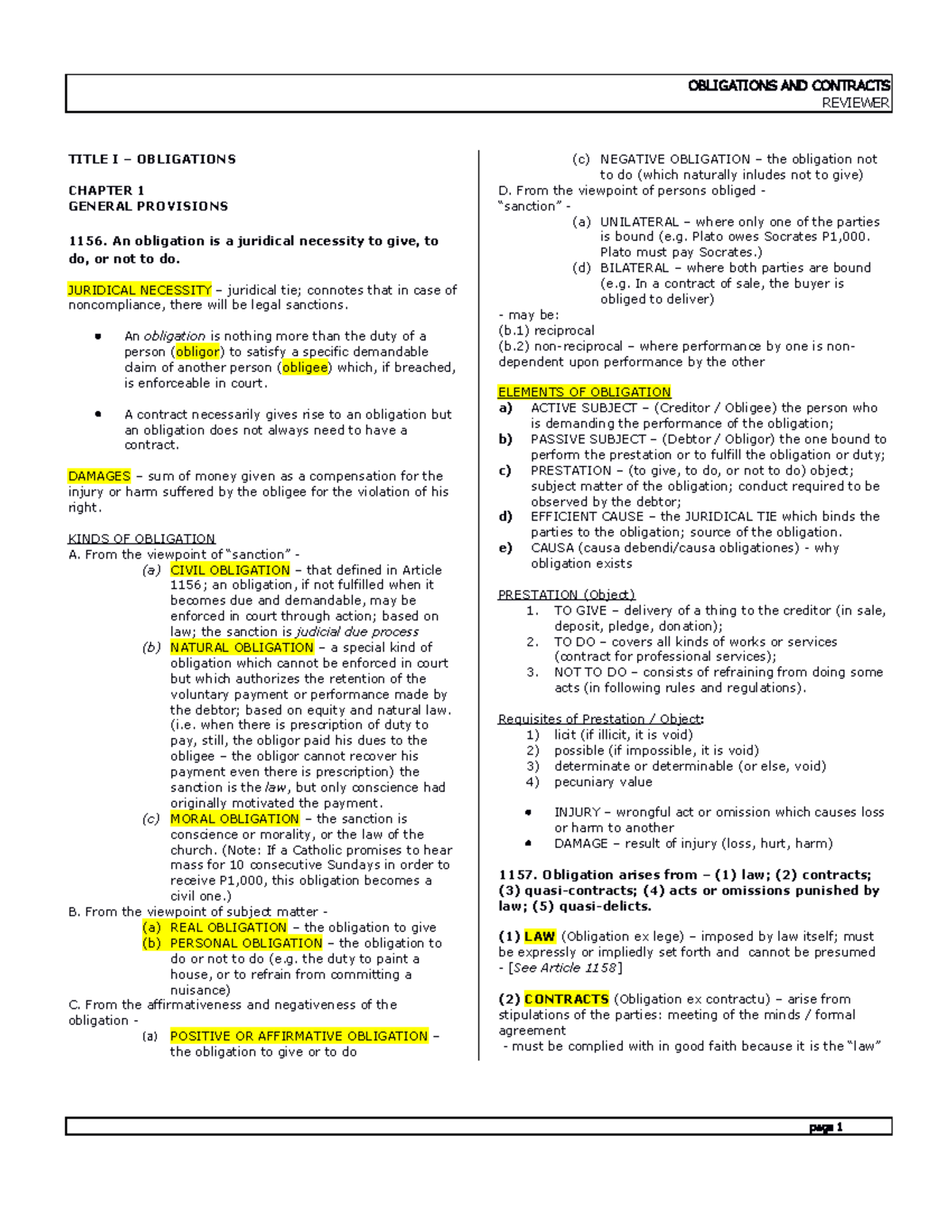 Oblicon-Reviewer 1 - OBLICON REVIEWER - REVIEWER TITLE I – OBLIGATIONS ...