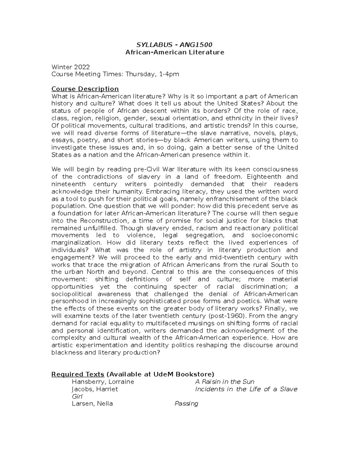 ANG1500 Syllabus - SYLLABUS - ANG African-American Literature Winter ...