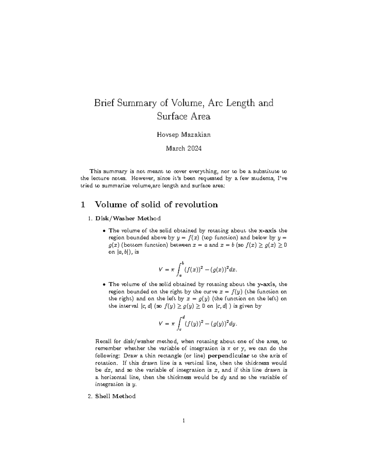 Brief summary of volume, arc length and surface area - Brief Summary of ...