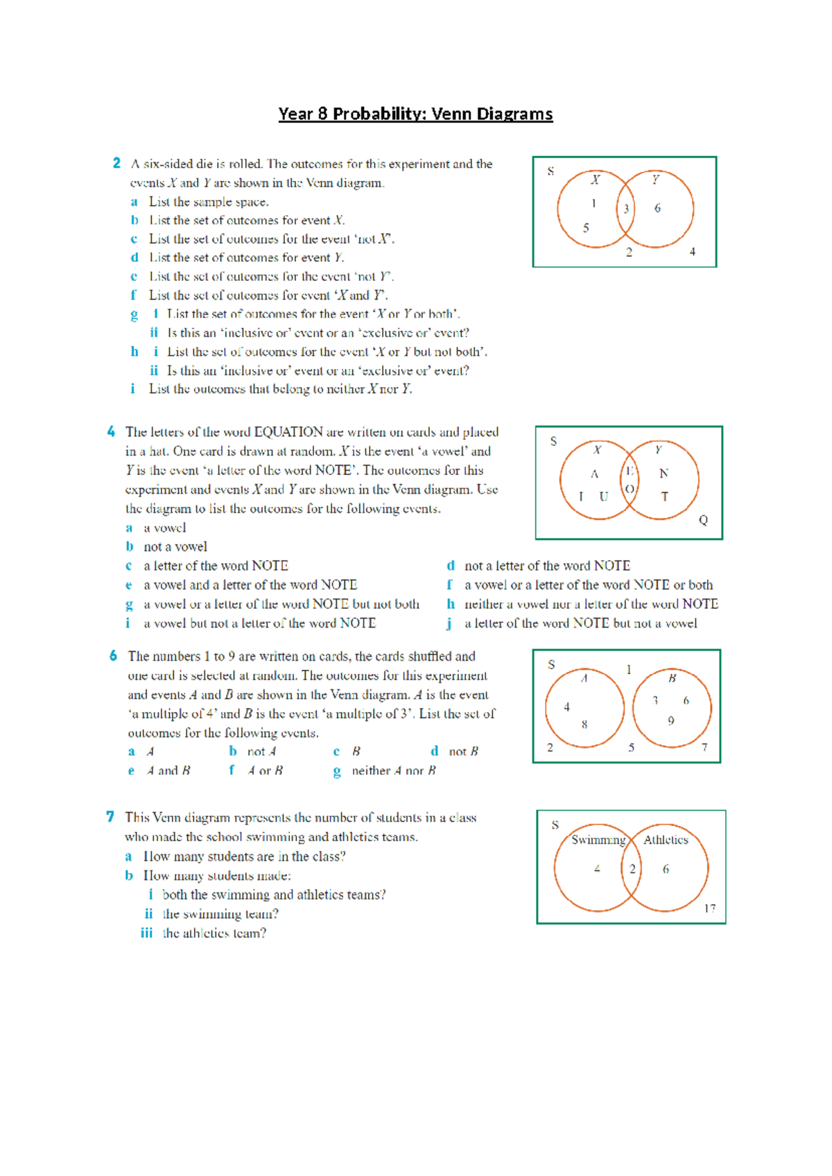 Venn+Diagrams - Venn diagrams - Year 8 Probability: Venn Diagrams 2 A ...