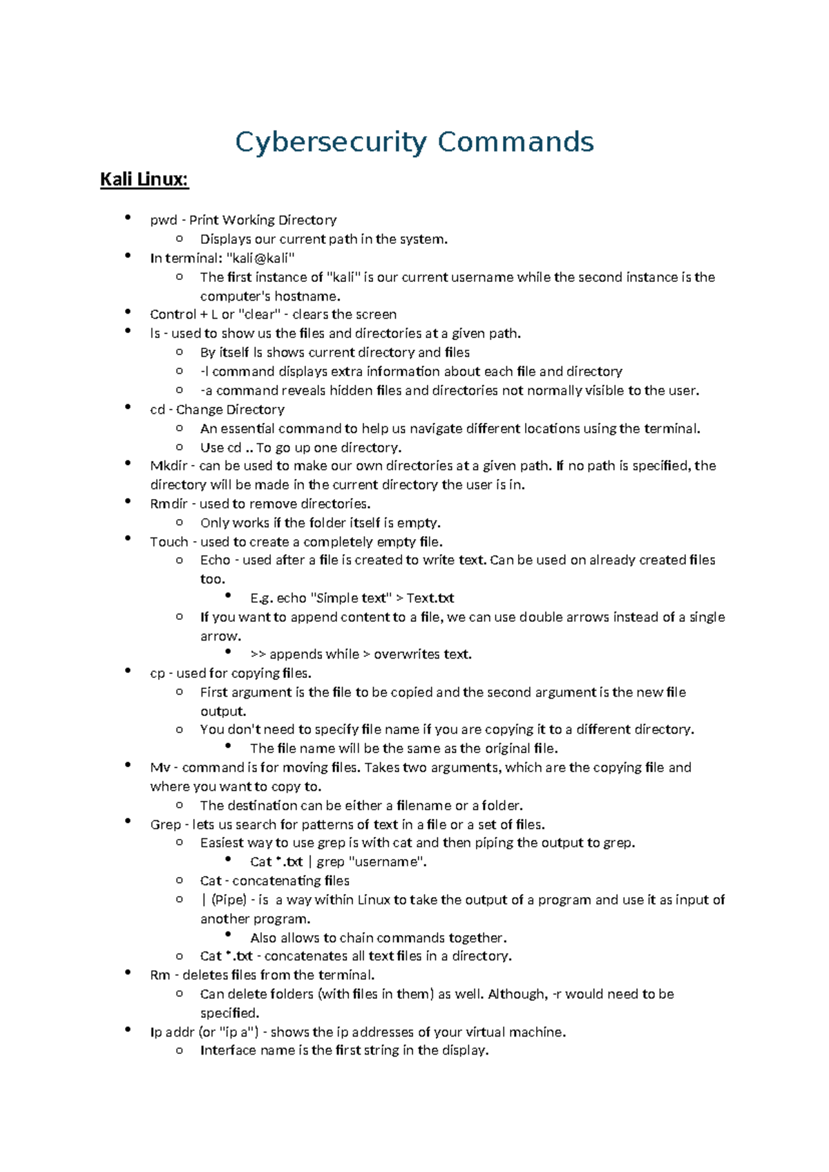 Cyber Commands Cybersecurity Commands Kali Linux Pwd Print Working Directory O Displays