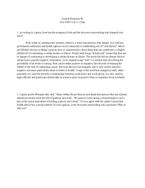Journal Response #5 and 6 - Journal Response Due at 11:55am In this ...