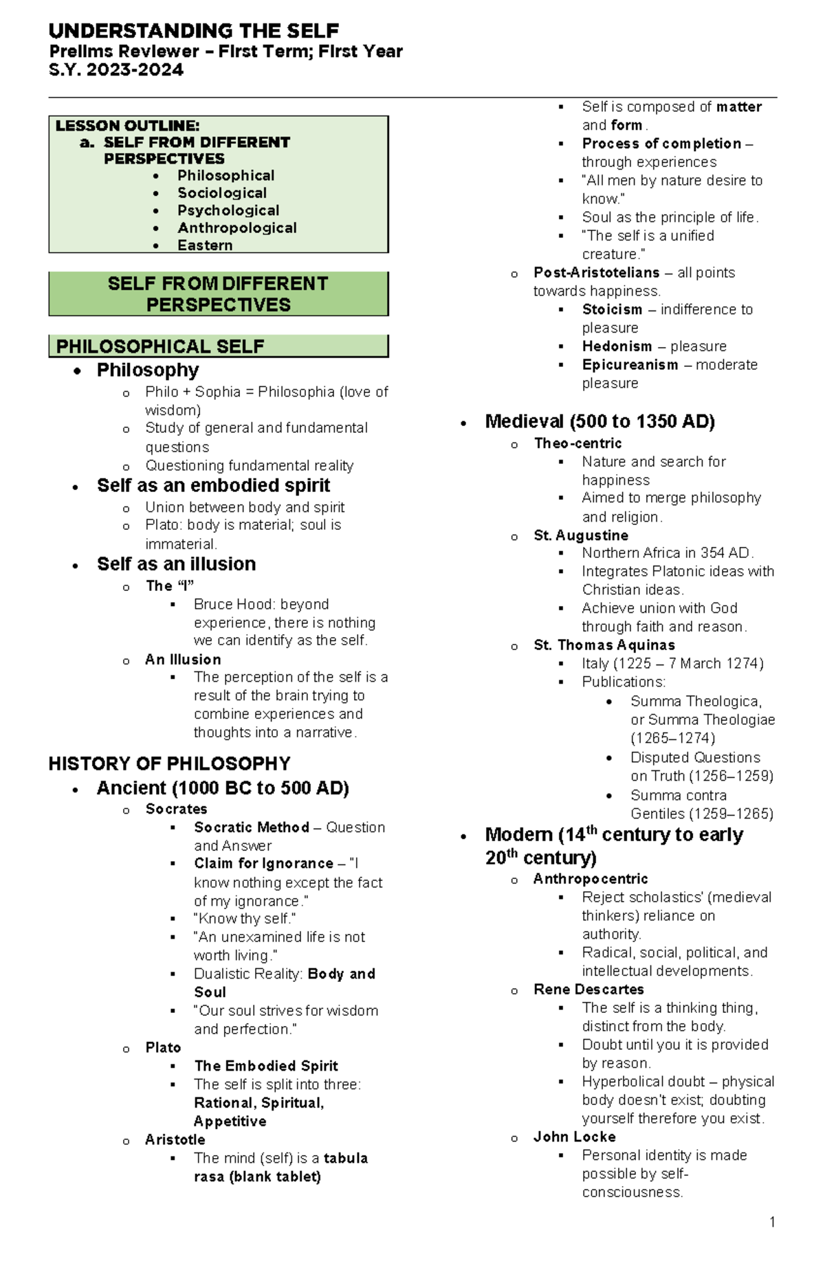 UTS Prelims Unit 1 - understanding the self. self in various perspective - S. 2023- 2024 - Studocu