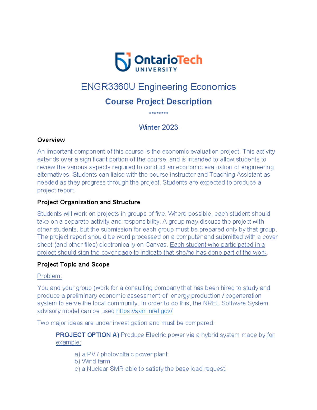 Course Project Handout ENGR3360 W23 - ENGR3360U Engineering Economics ...