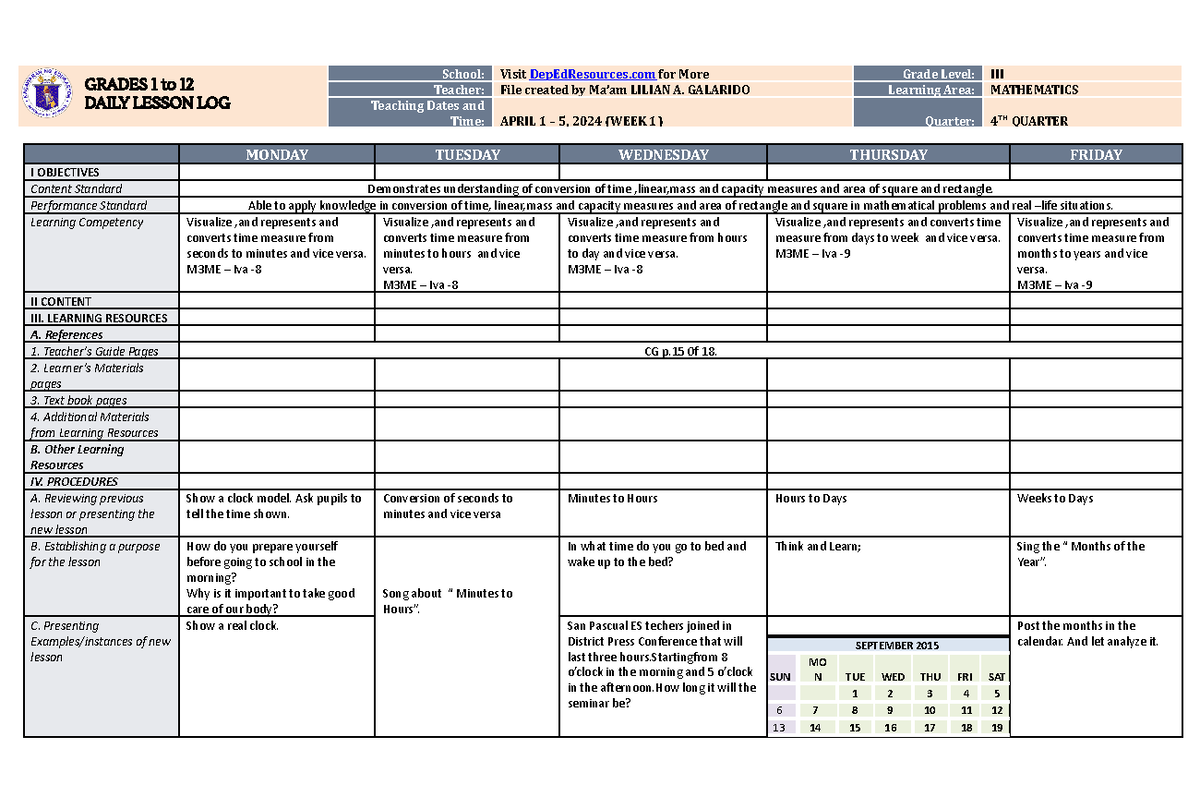 DLL Mathematics 3 Q4 W1 - DLL Math 3 - GRADES 1 to 12 DAILY LESSON LOG ...