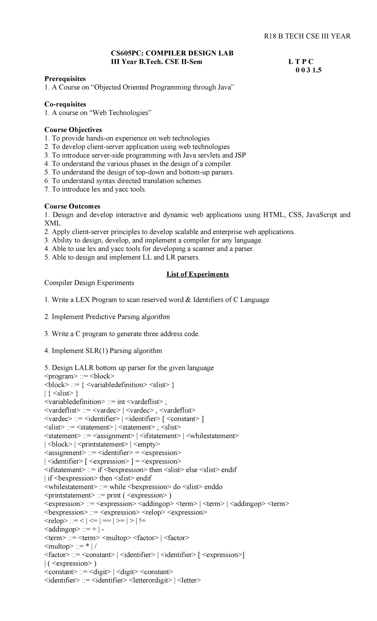 Cd Iii 2 R18 R18 B Cse Iii Year Cs605pc Compiler Design Lab Iii Year B Cse Ii Sem L T P C 0