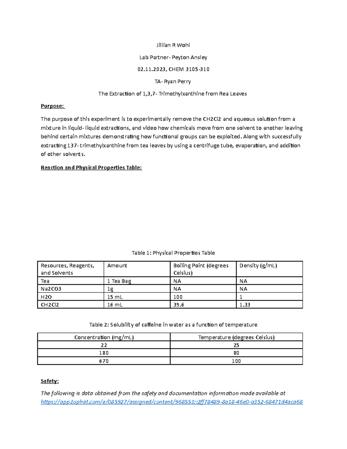 Organic Chemistry Lab Report 4 Final - Jillian R Wohl Lab Partner- Peyton Ansley 02.11, CHEM ...