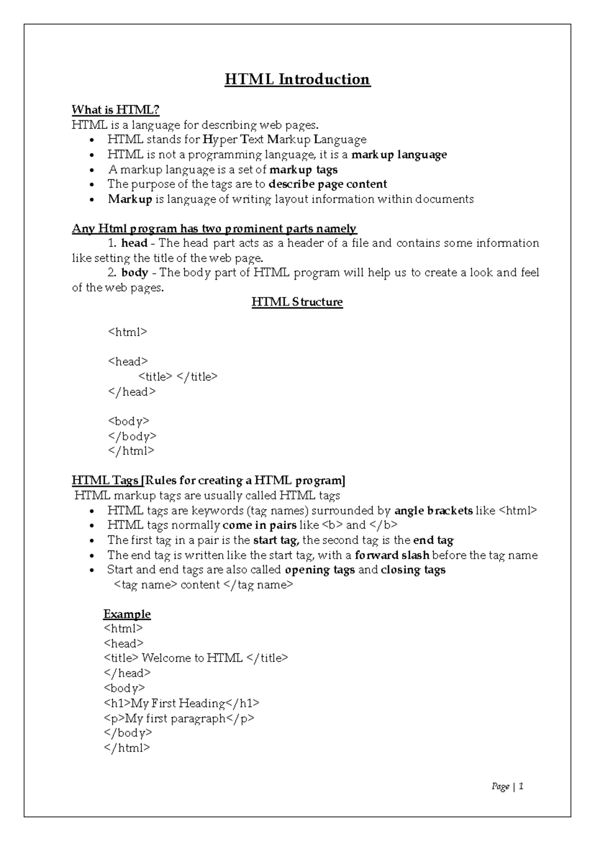 Module 1-HTML Basic - hashes lecture - HTML Introduction What is HTML? HTML is a language for ...
