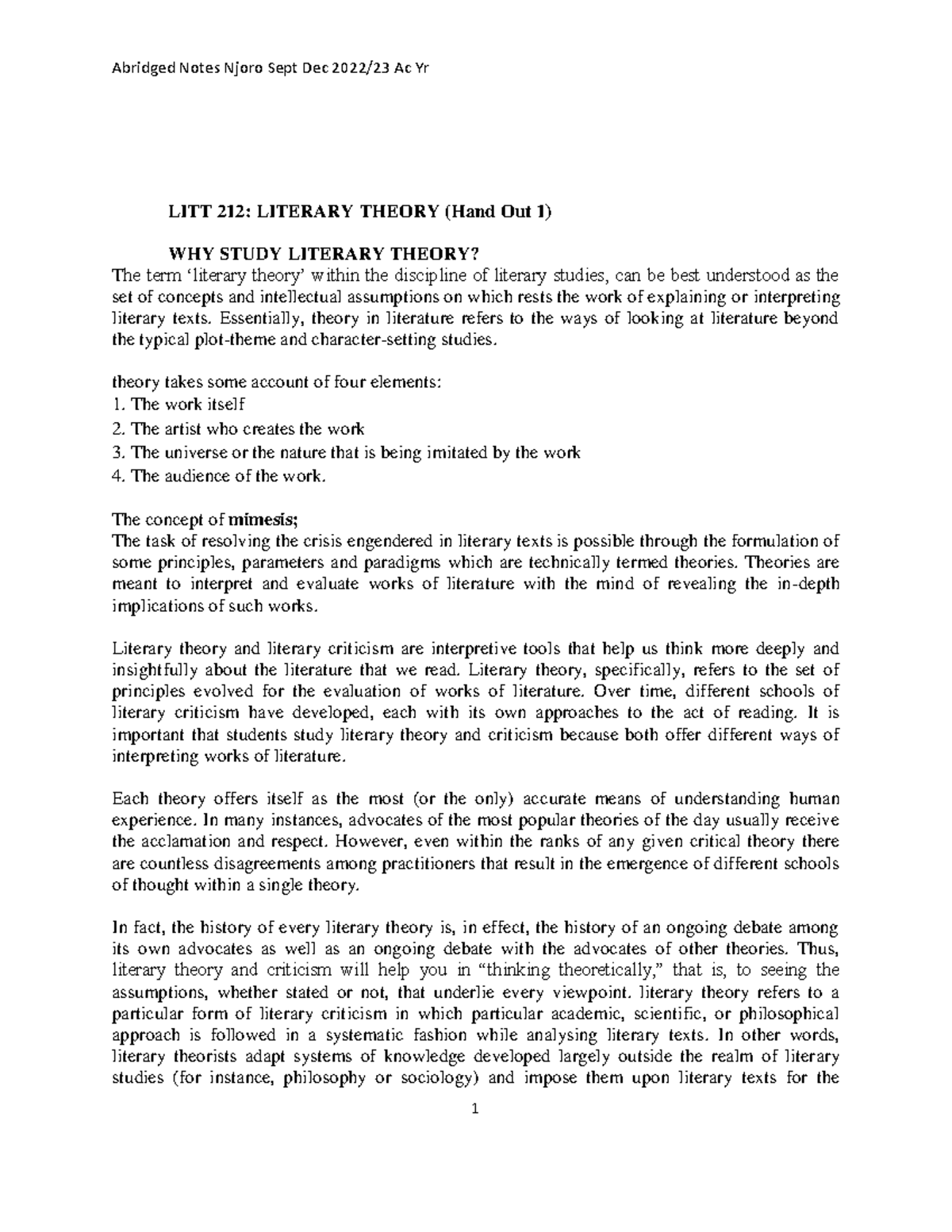 Notes Abridged Lit Theory Hand Out 1 - LITT 212: LITERARY THEORY (Hand ...
