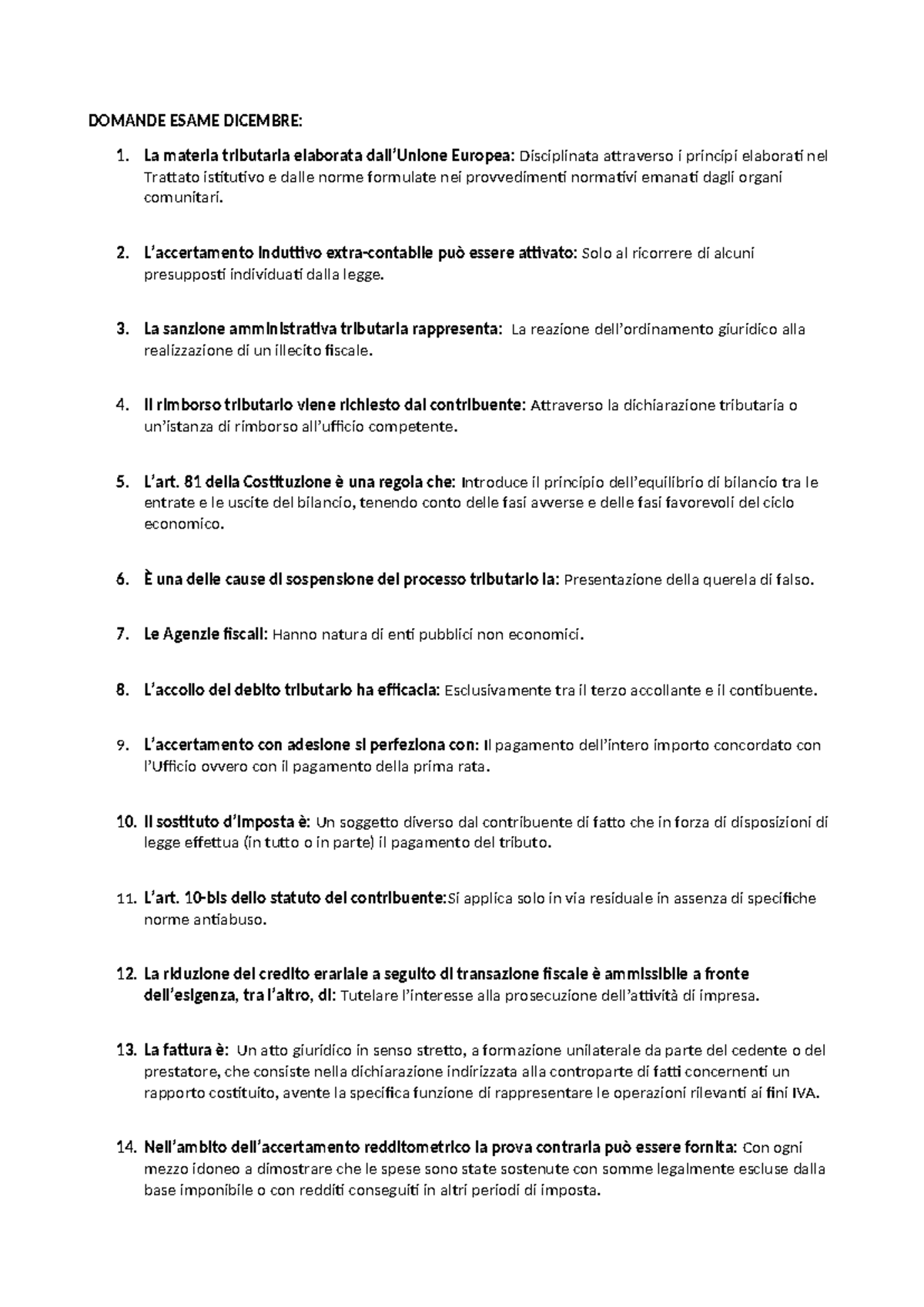 Diritto tributario domande e risposte - DOMANDE ESAME DICEMBRE: La materia tributaria elaborata ...