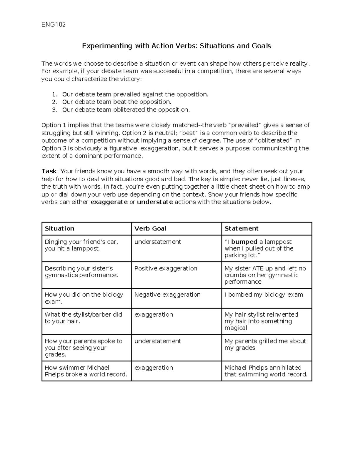 Experimenting with Action Verbs Situations and Goals - For example, if ...