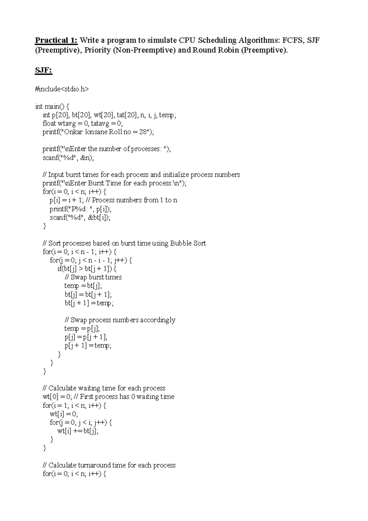 Sjf Shortest Job First Practical 1 Write A Program To Simulate Cpu Scheduling Algorithms