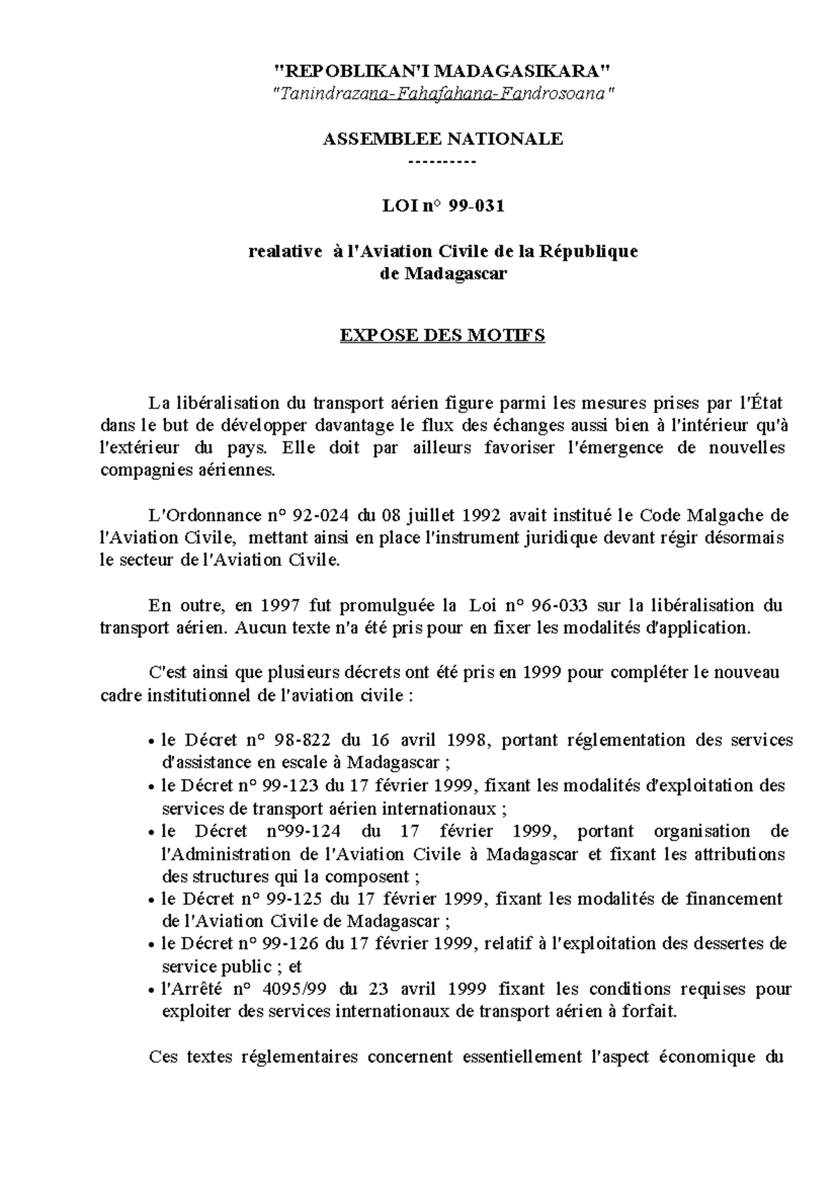 Loi N 99 031 Realative L Aviation Civile De La R publique De