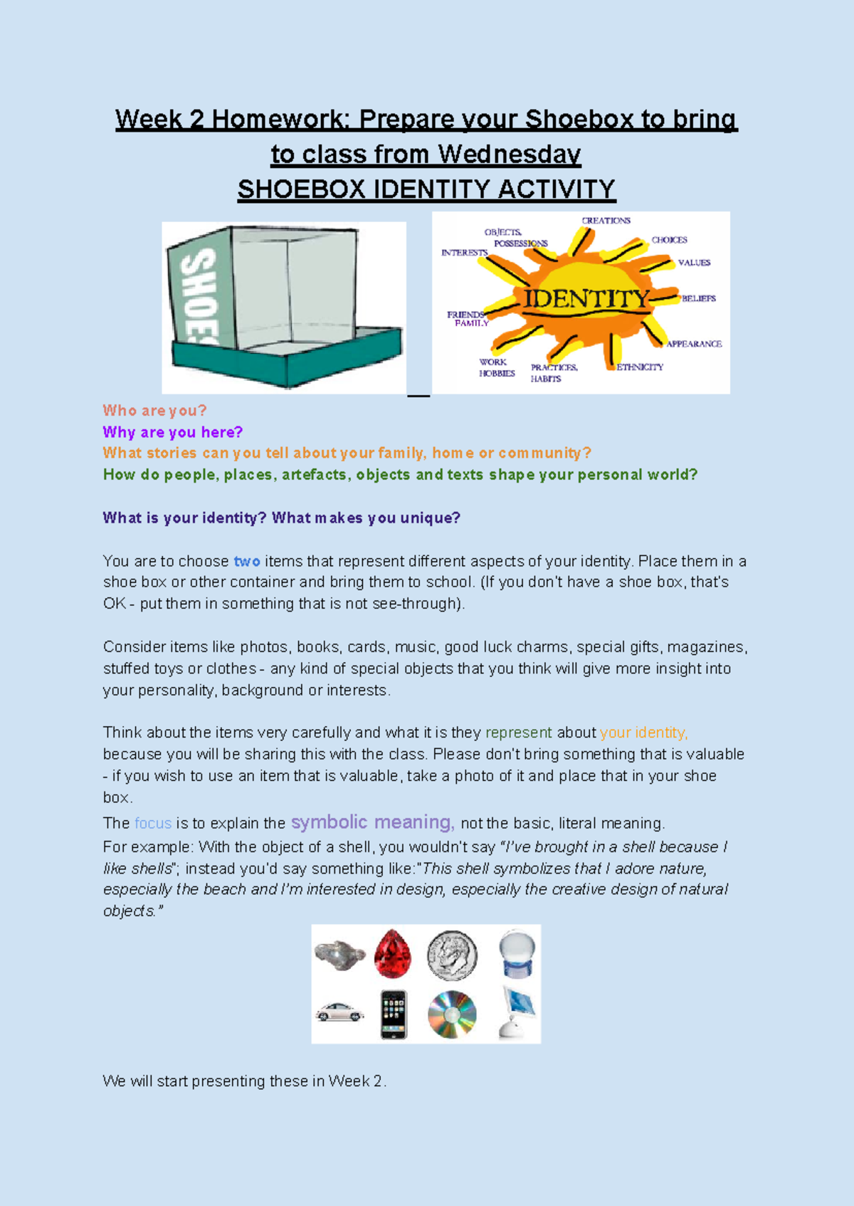 Homework Week 1 - Week 2 Homework: Prepare your Shoebox to bring to ...