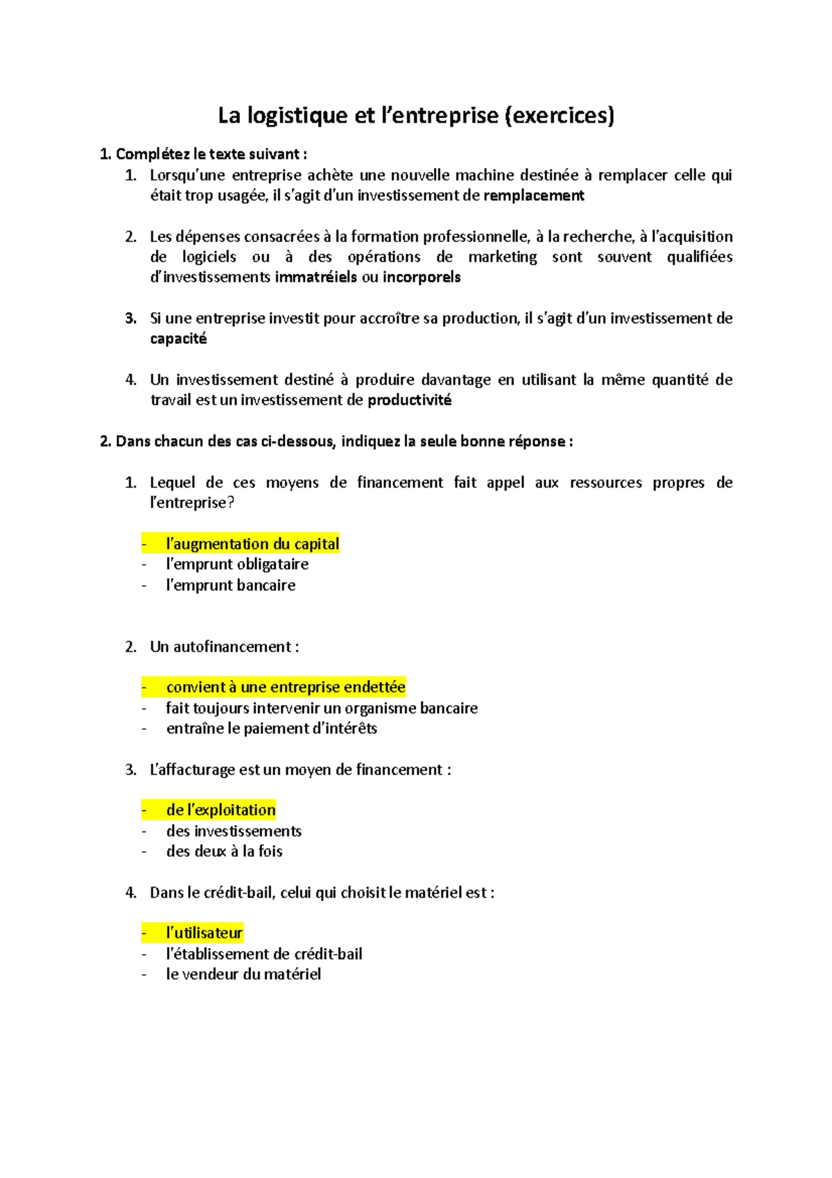 La logistique et l'entreprise exercices - Frans 2 - Arteveldehogeschool ...