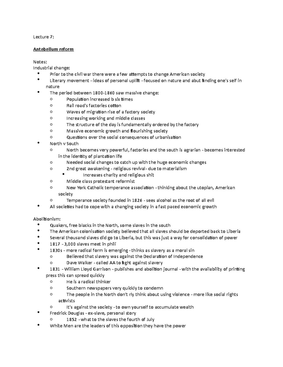 Lecture 7 Antebellum reform - Lecture 7: Antebellum reform Notes ...