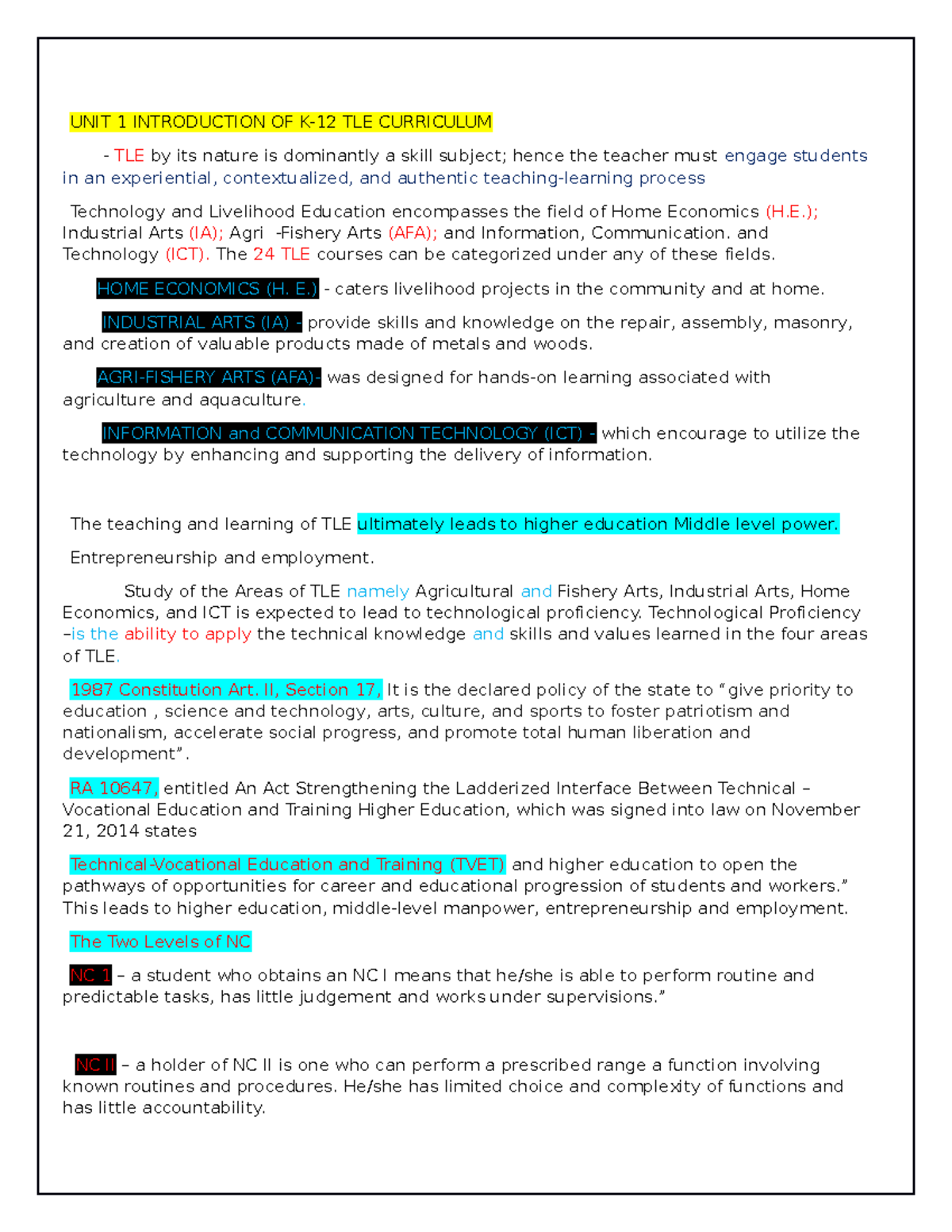 MC-TLE- Reviewer - oh yeah - UNIT 1 INTRODUCTION OF K-12 TLE CURRICULUM ...