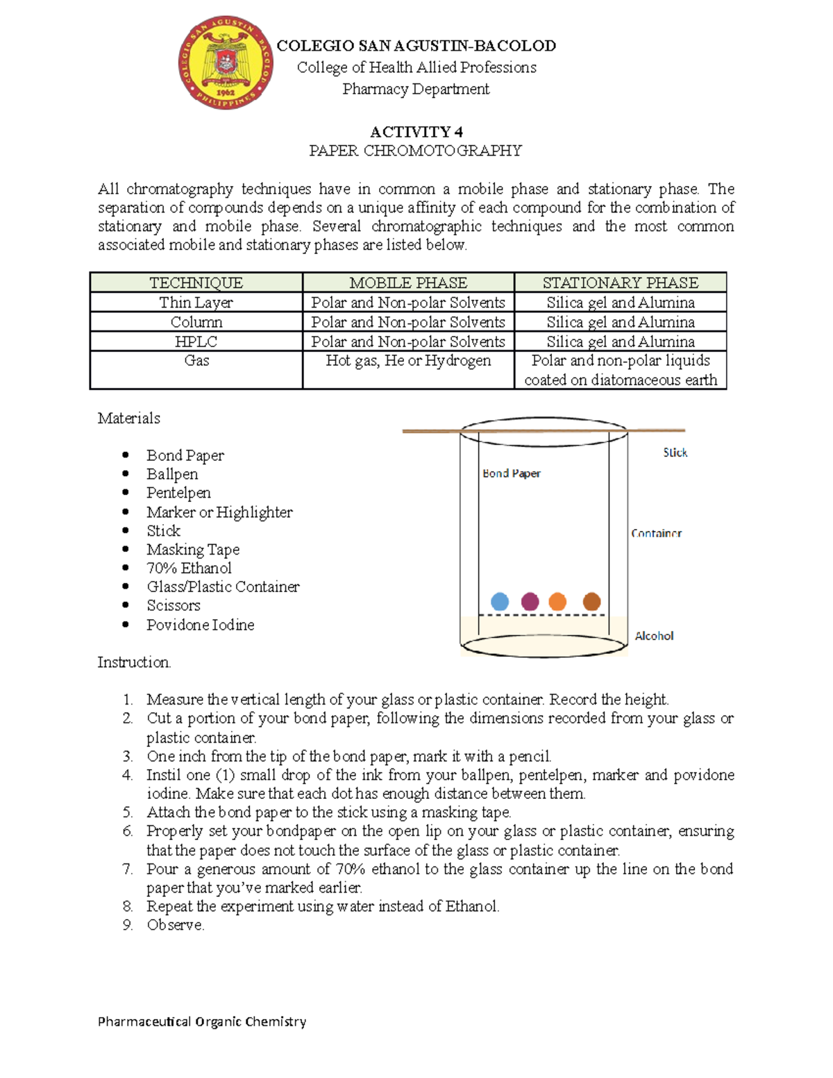 Org Chem Exp 4 Paper Chromatography - ACTIVITY 4 PAPER CHROMOTOGRAPHY ...