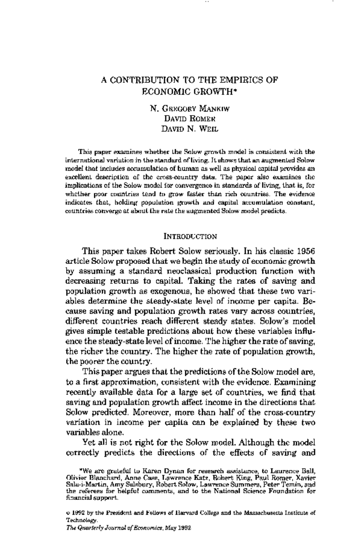 Retrieve - A CONTRIBUTION TO THE EMPIRICS OF ECONOMIC N. GREGORY MANKIW ...