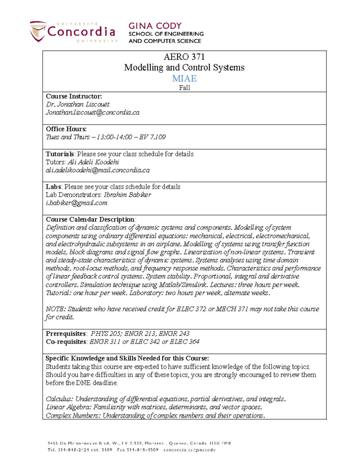 2023 AERO371 Course Outline - AERO 371 Modelling and Control Systems ...