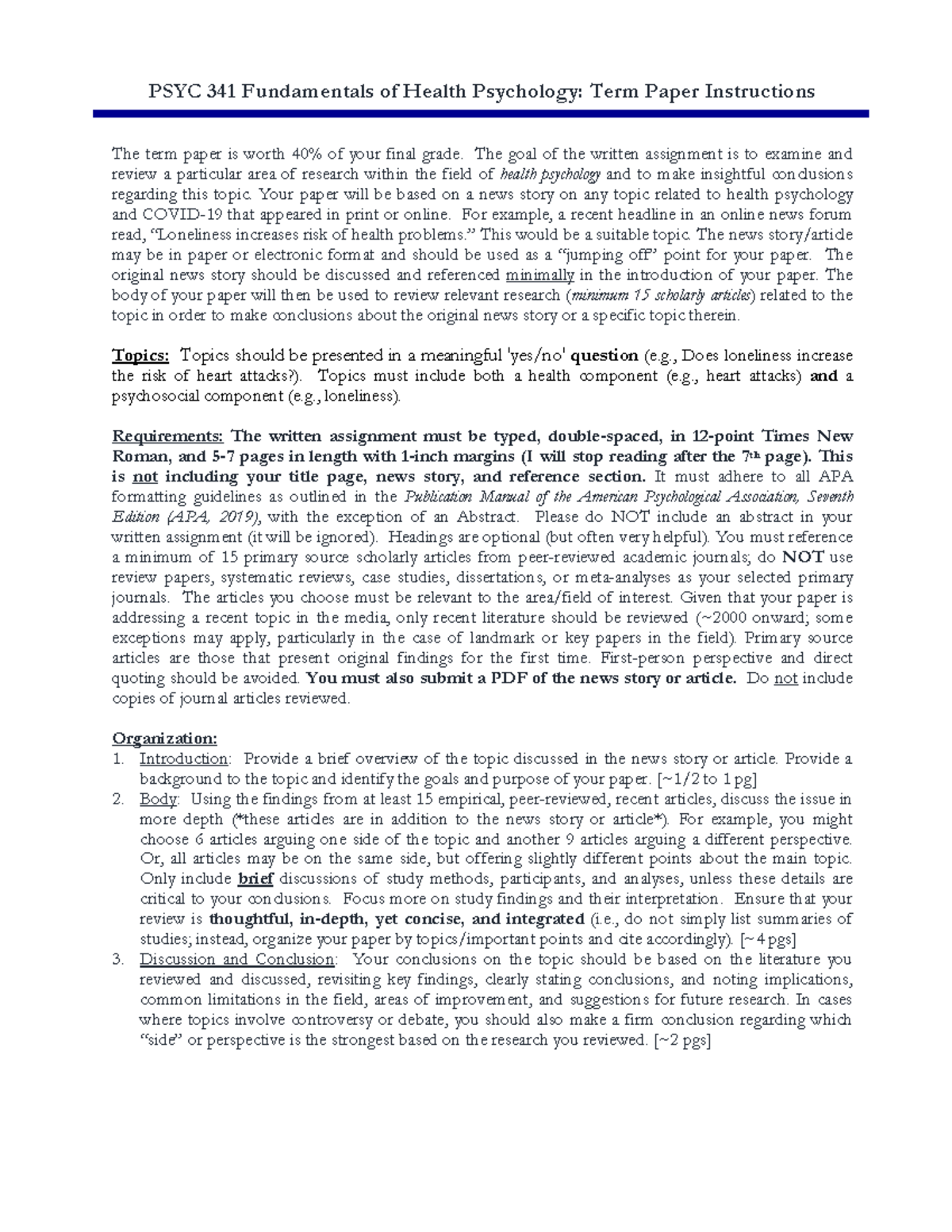 PSYC 341 Paper Instructions - PSYC 341 Fundamentals of Health ...