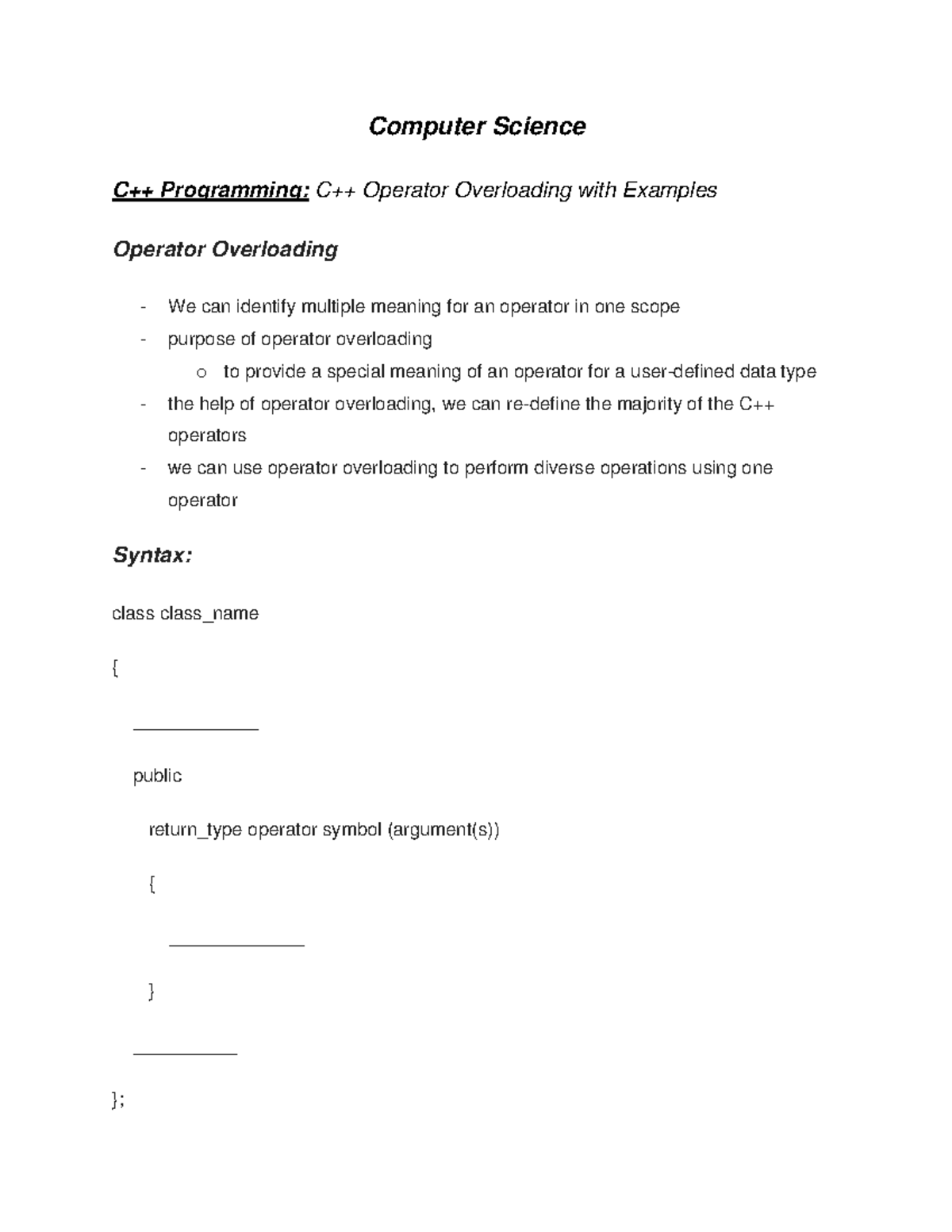 C Programming C Operator Overloading With Examples Computer Science C Programming C 