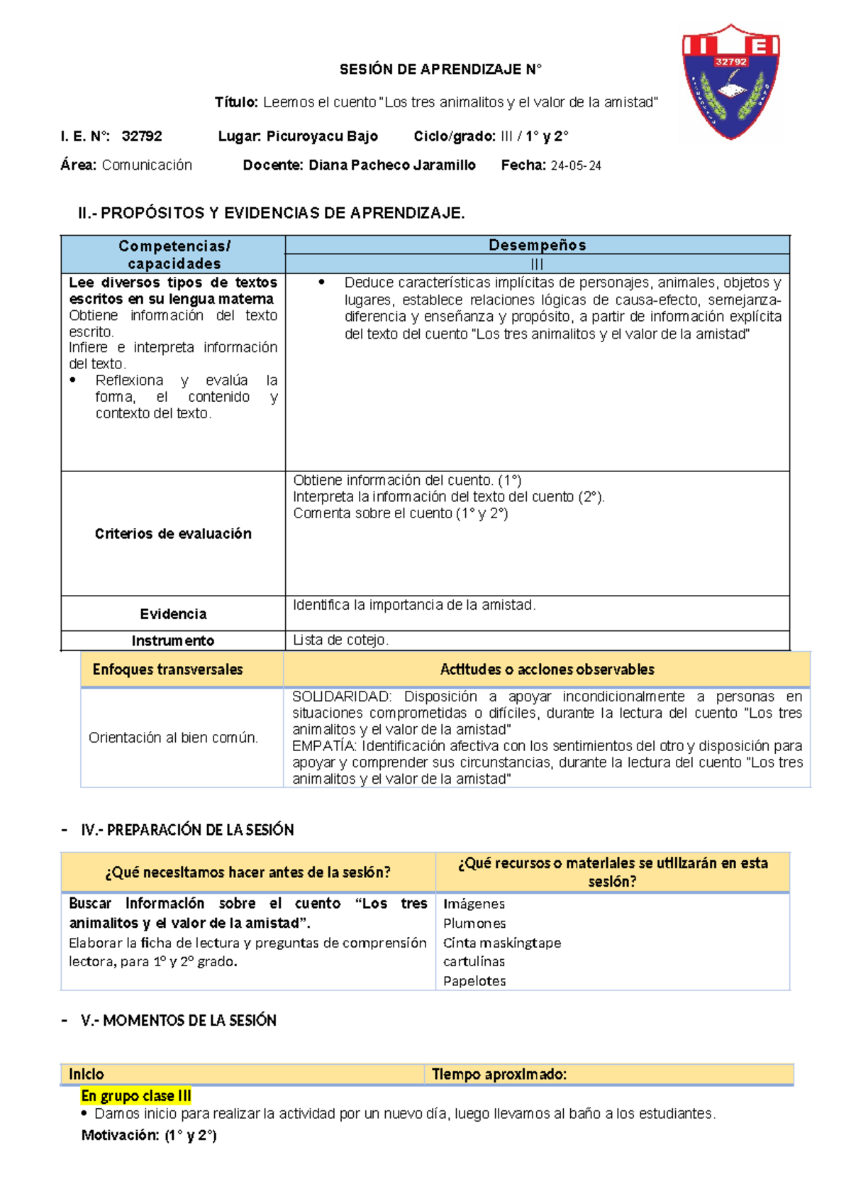 Leemos el cuento los tres animalitos 24 mayo - SESIÓN DE APRENDIZAJE N° Título: Leemos el cuento ...