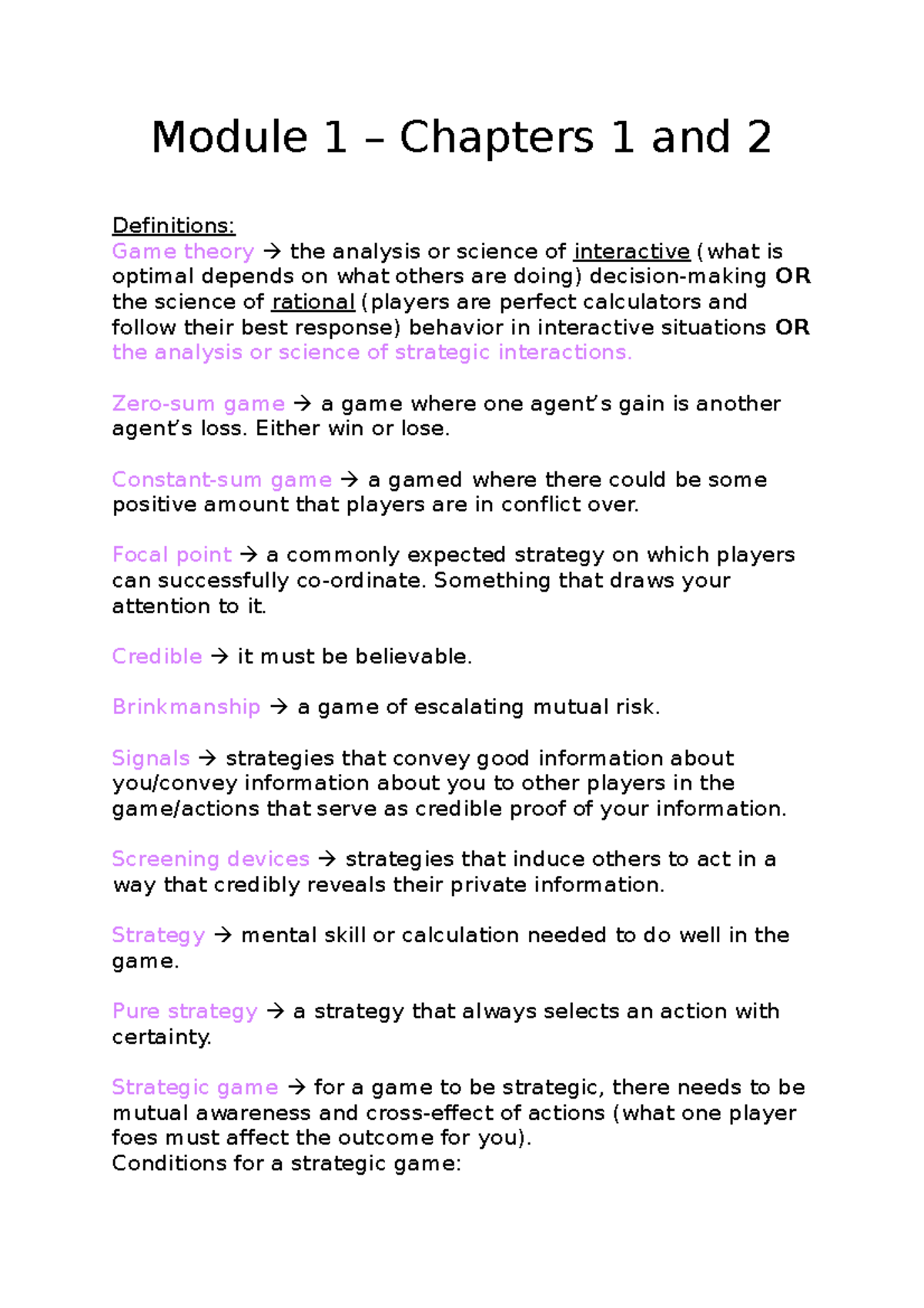 Summaries Test 1 - Module 1 – Chapters 1 and 2 Definitions: Game theory ...