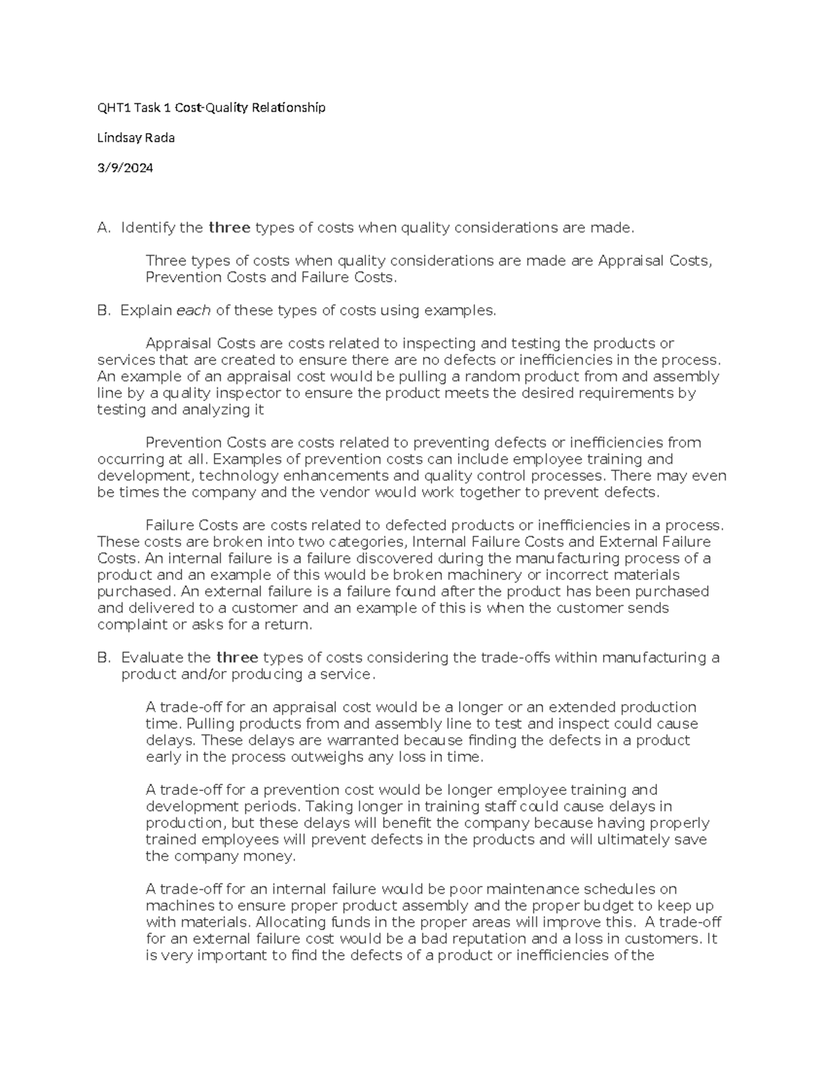 QHT1 Task 1 - First attempt - QHT1 Task 1 Cost-Quality Relationship ...