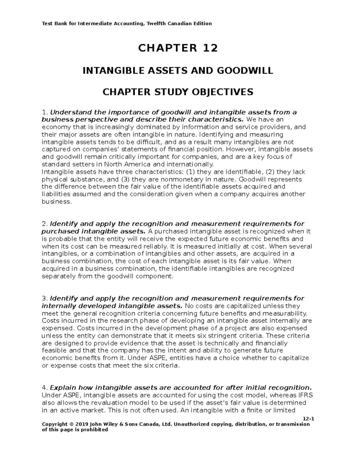 Ch12 - Textbook solutions - CHAPTER 12 INTANGIBLE ASSETS AND GOODWILL CHAPTER STUDY OBJECTIVES ...