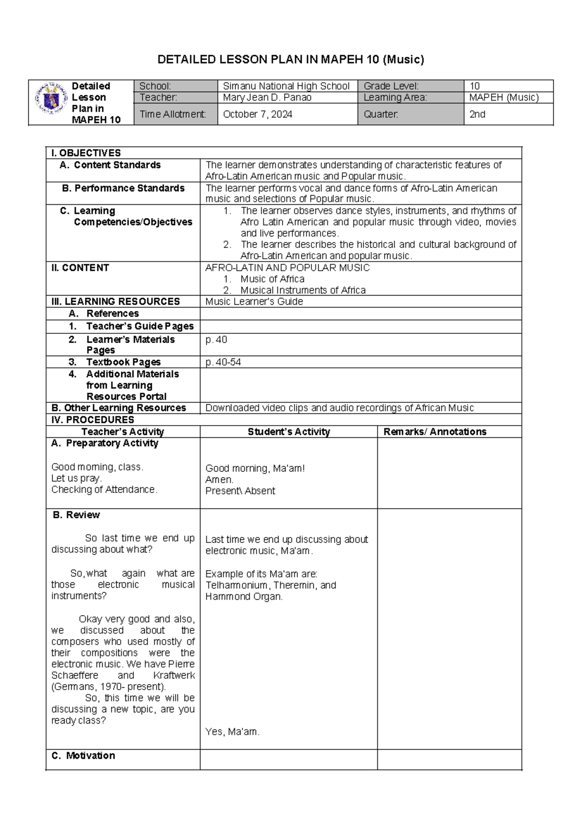Music dlp q2 w1 d1 - DETAILED LESSON PLAN IN MAPEH 10 (Music) Detailed Lesson Plan in MAPEH 10 ...