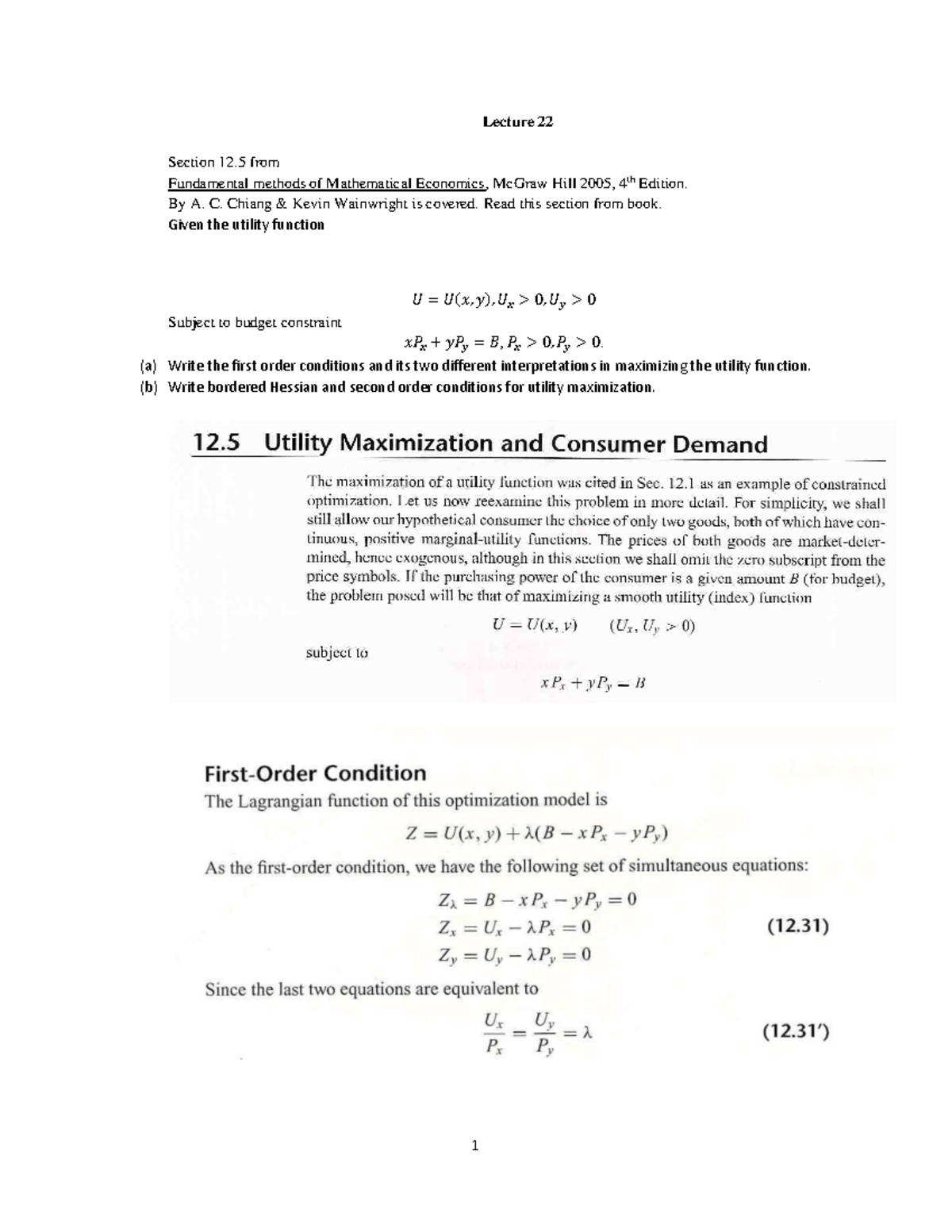 Lecture 22, Utility maximization and consumer demand - Lecture 22 Section 12 from Fundamental ...